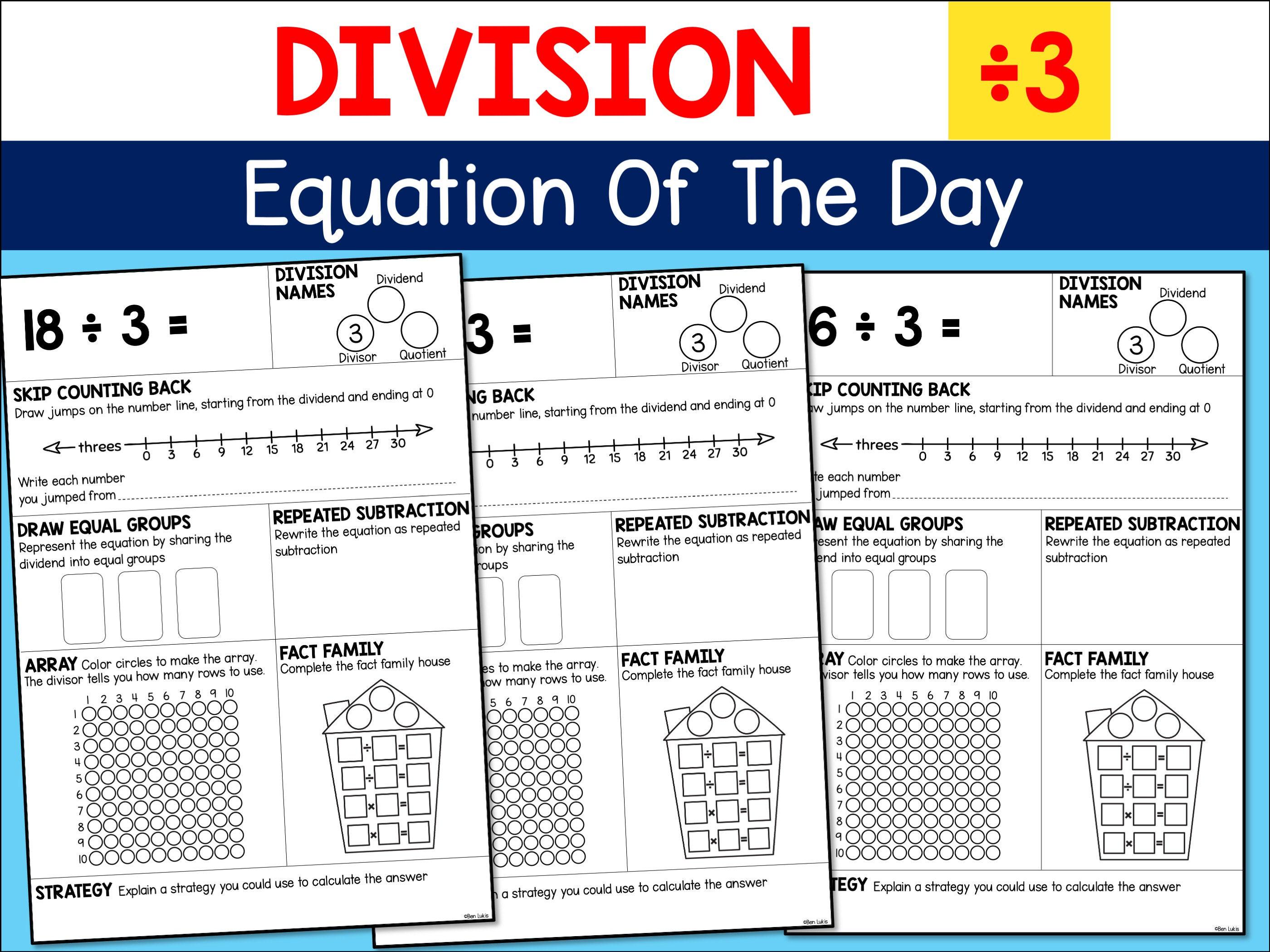Divide by 3 Practice Math Worksheets, Division Equation of the Day ...