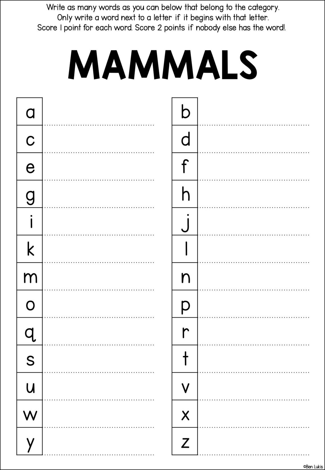 Vocabulary Word Game of Categories, Creative Thinking & Writing ...