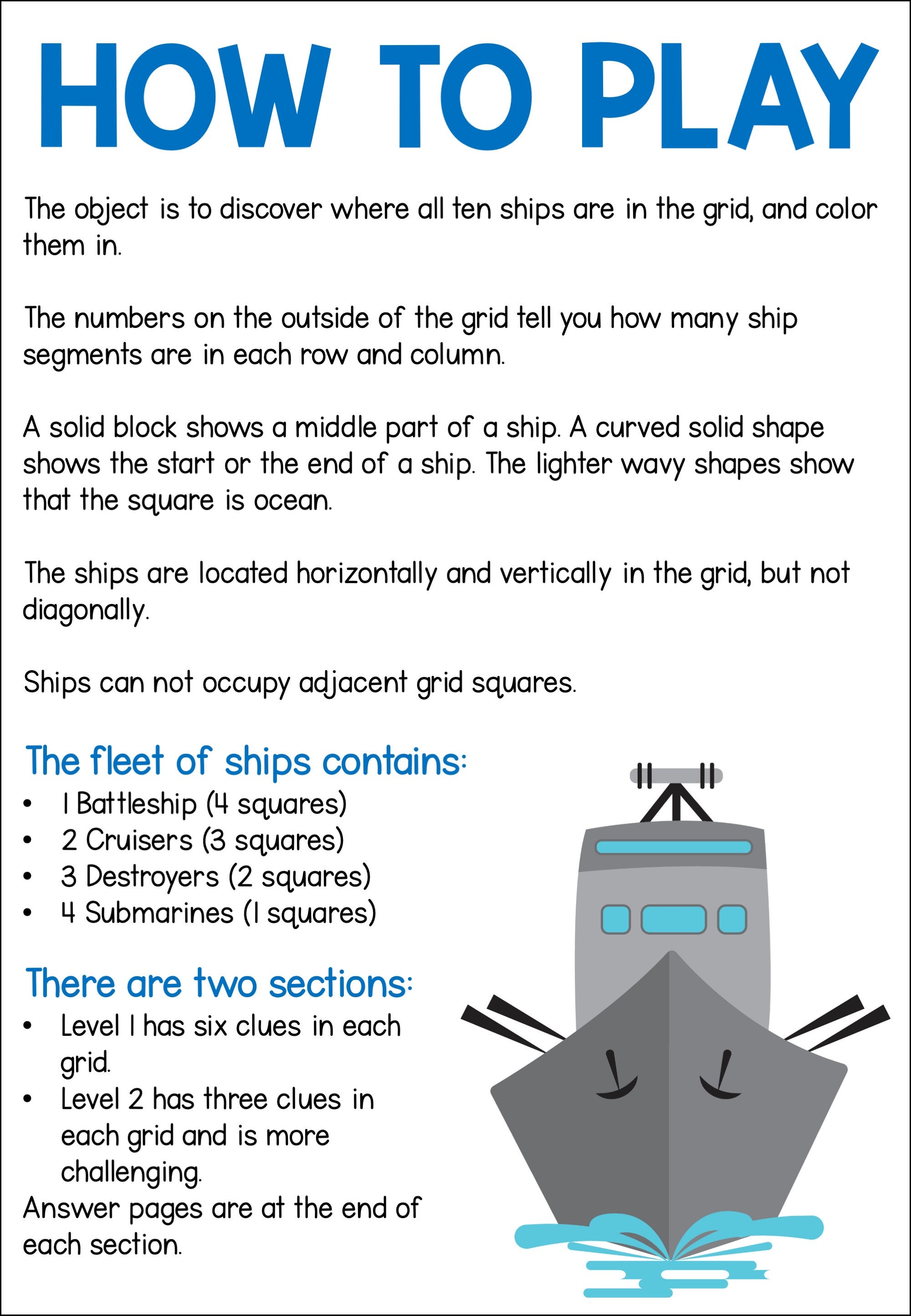 Printable Battleship Puzzles, 160 Logic Games, Printable Brain Teasers ...