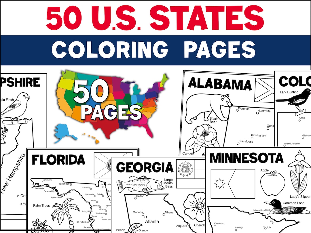 50 USA States Coloring Pages, US State Symbols and Flags, School ...