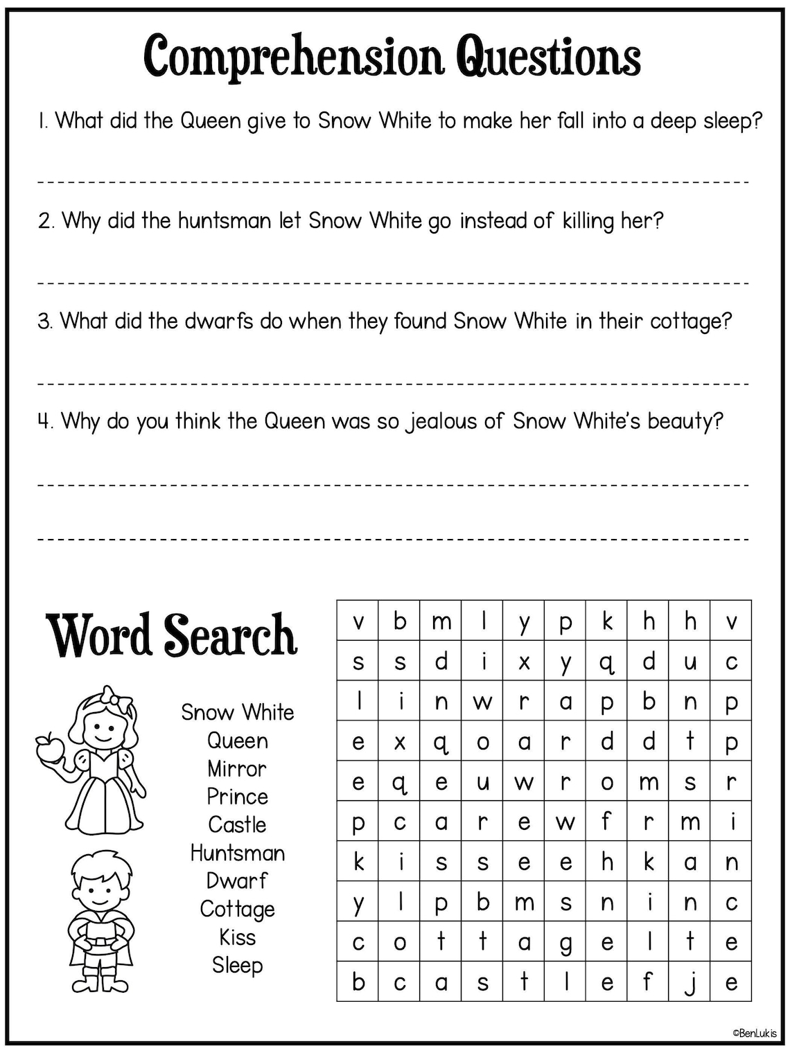 Snow White Reading, Comprehension Worksheets, Printable Word Search ...