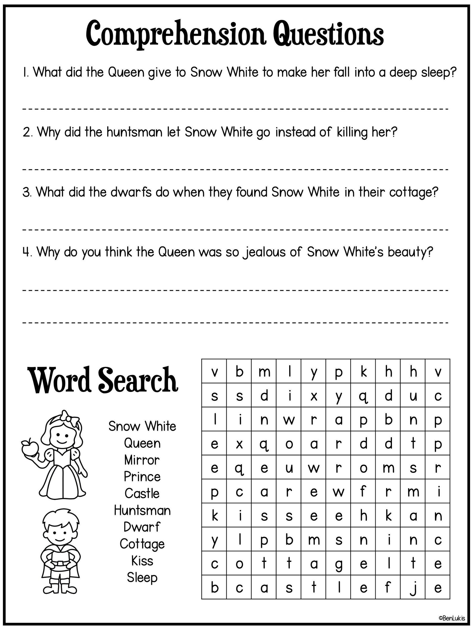Snow White Reading, Comprehension Worksheets, Printable Word Search ...