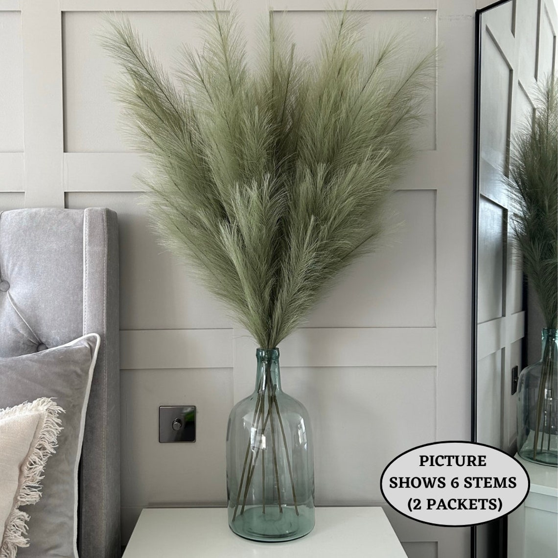 X3 STEMS 115cm Extra Large Tall Fluffy SAGE GREEN Fake Faux Artificial ...