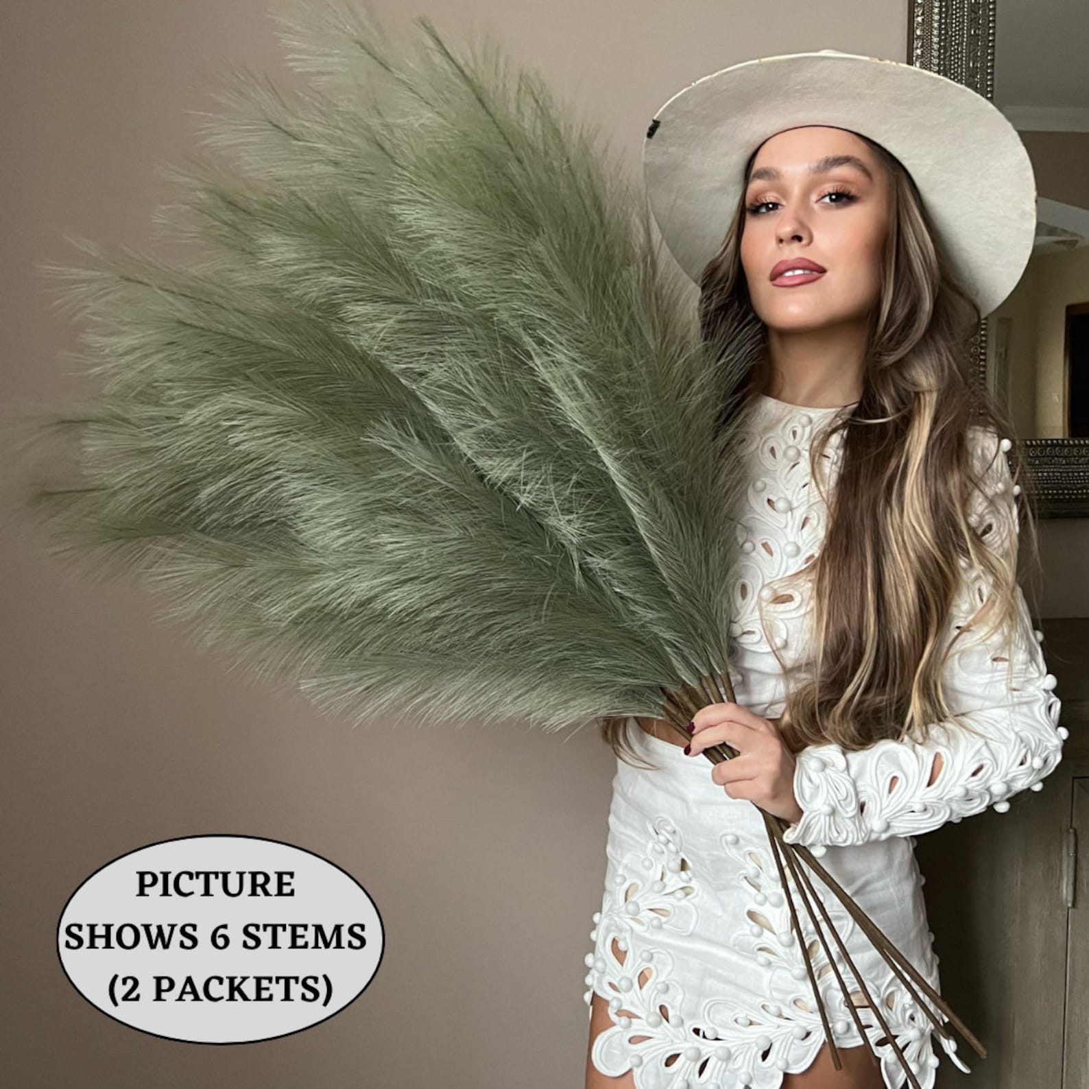 X3 STEMS 115cm Extra Large Tall Fluffy SAGE GREEN Fake Faux Artificial ...