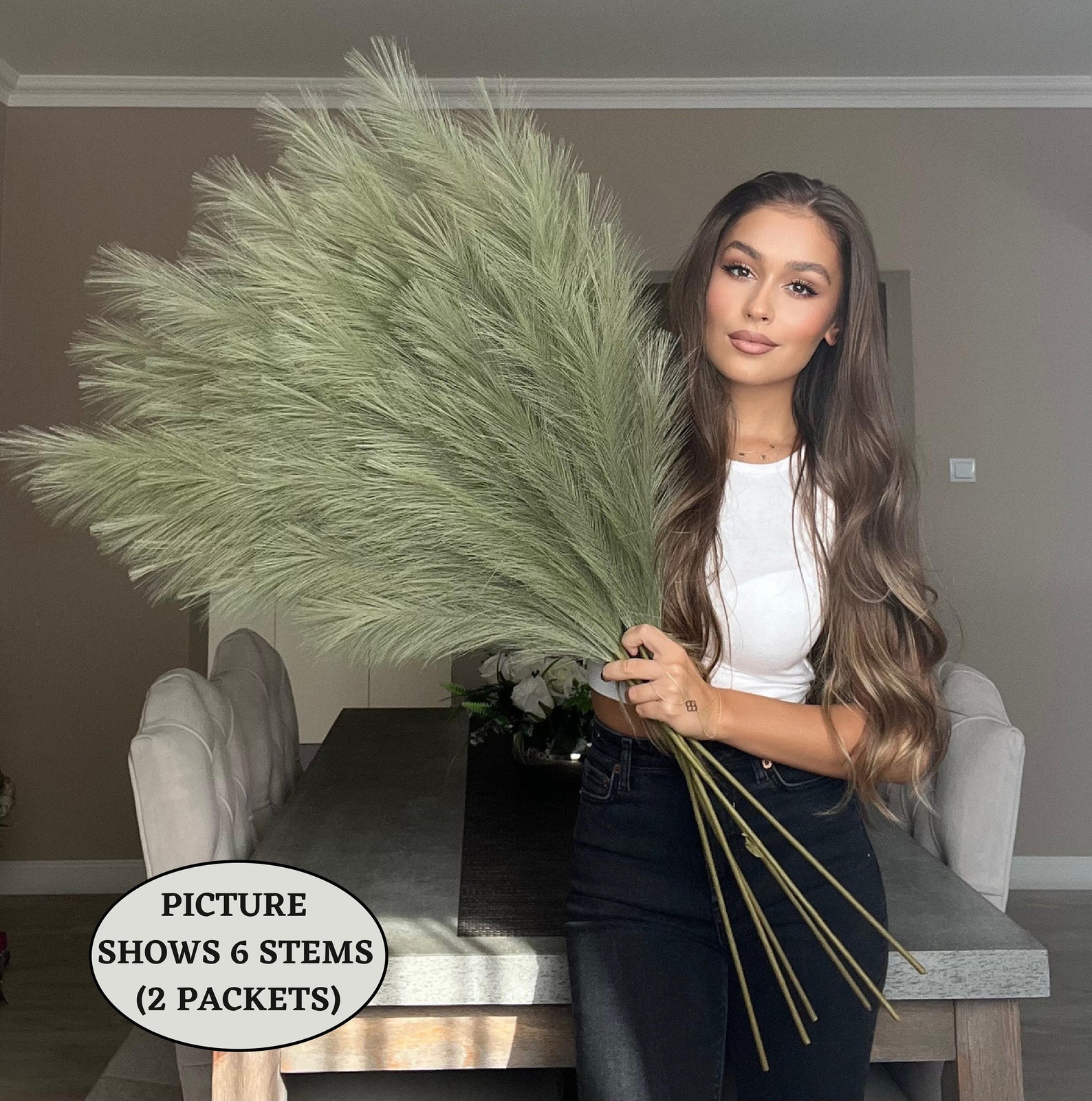 X3 STEMS 115cm Extra Large Tall Fluffy SAGE GREEN Fake Faux Artificial ...