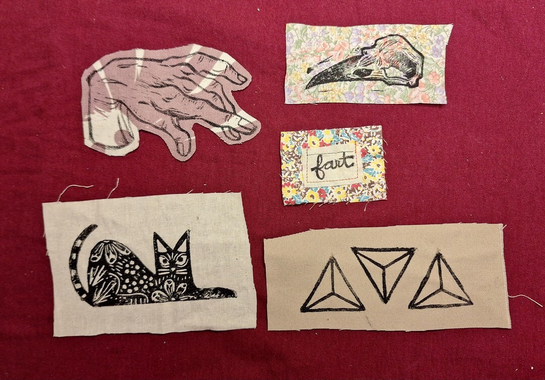 Lot of 5 Imperfect Linocut Patches Creepy Hand, Bird Skull, Geometric ...