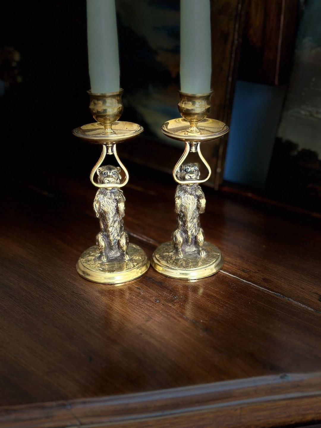 Pair of Antique Brass Dog Candle Holders ~ Victorian Candlesticks 1800s ...