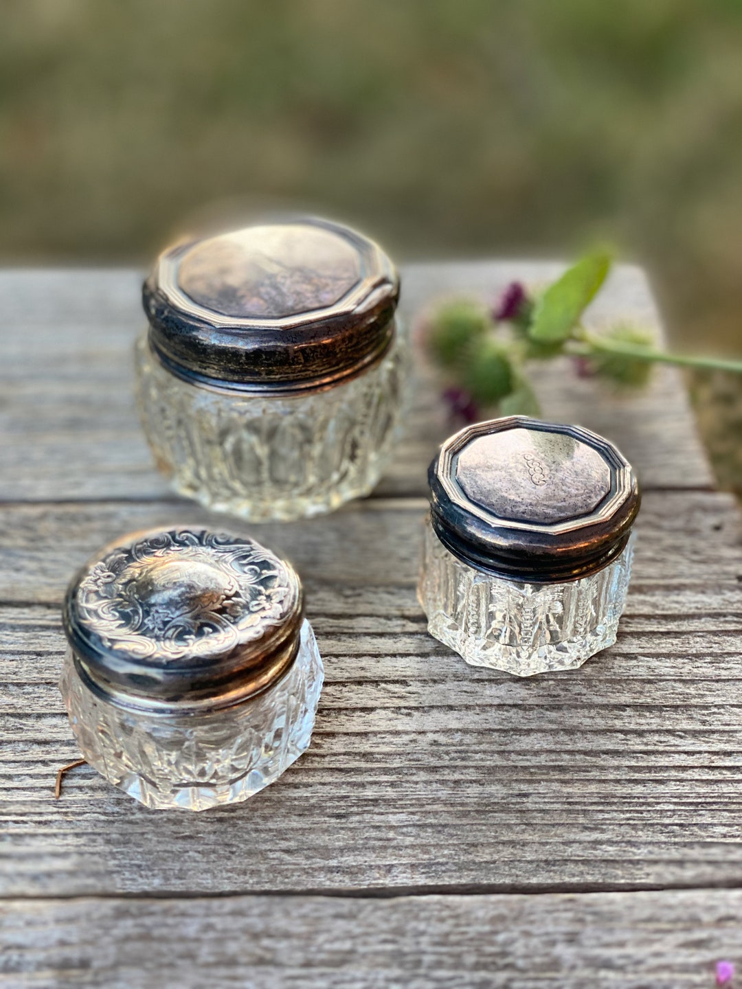 Antique Glass Jars With Sterling Silver Lids Set of Three Cut Glass ...