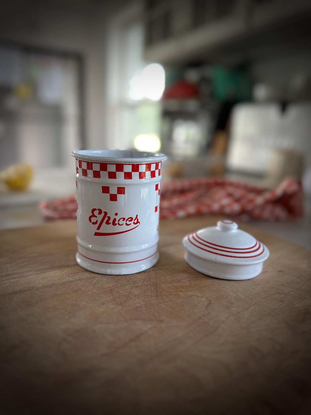 Vintage / Antique Red and White Checkered, French, Enamel Canister ...