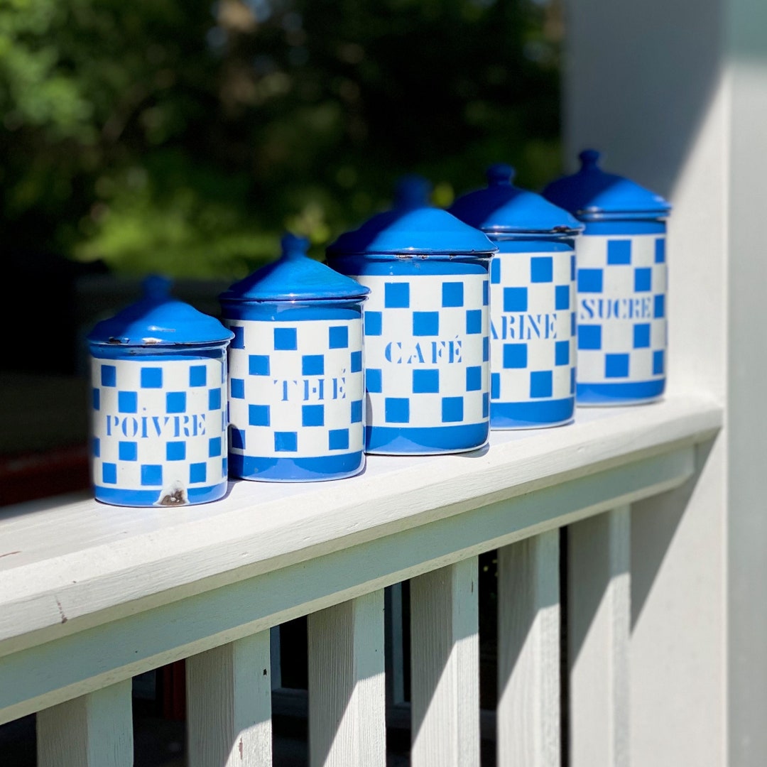 Vintage French Five Piece Enamel Canister Set French / Lustucru Pattern ...