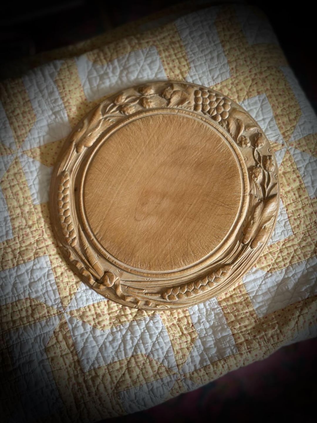 Antique Carved Sycamore Breadboard: English Hops & Berries Treen C ...