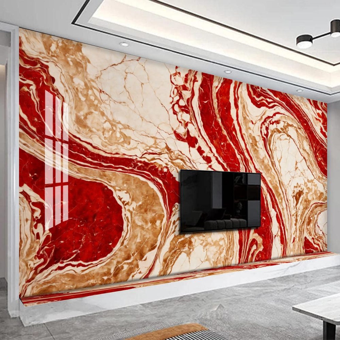 Red and Beige Abstract Marble Wallpaper Peel and Stick Wallpaper Self ...