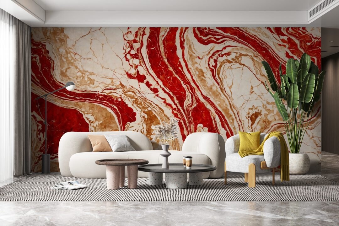 Red and Beige Abstract Marble Wallpaper Peel and Stick Wallpaper Self ...