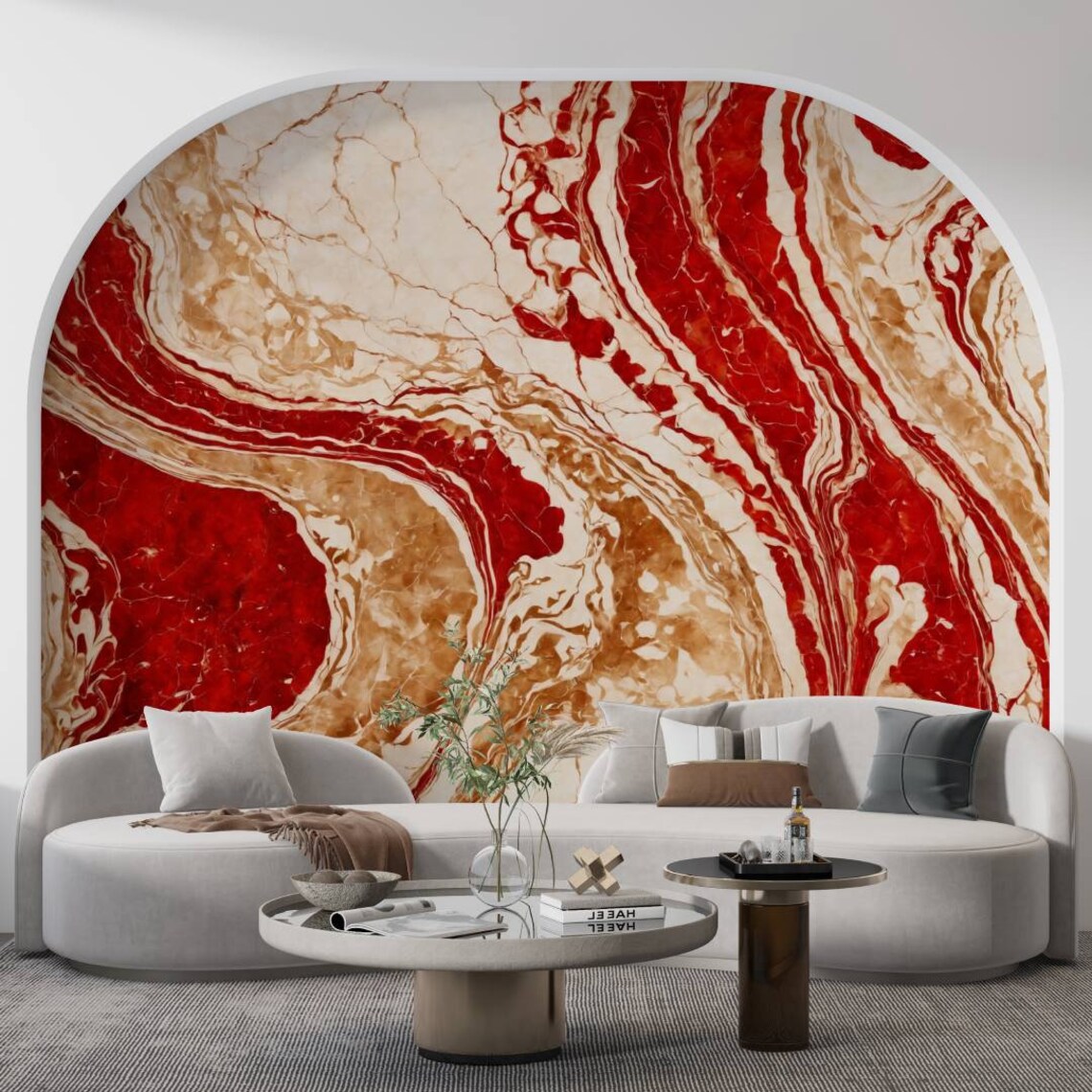 Red and Beige Abstract Marble Wallpaper Peel and Stick Wallpaper Self ...