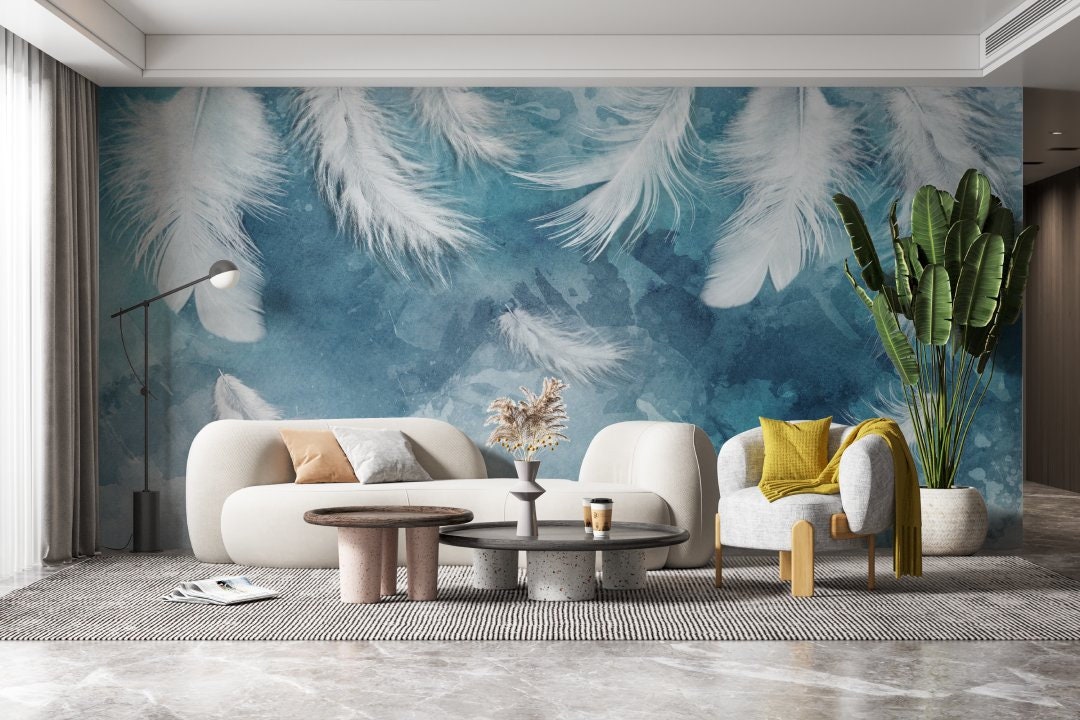 Blue Watercolor Feather Abstract Wallpaper Peel and Stick - Etsy