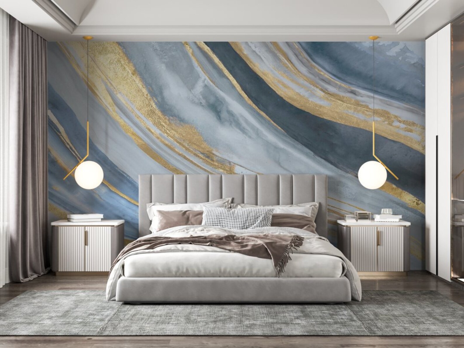 Blue Gold Stripes Marble Wallpaper Peel and Stick Wallpaper Self ...