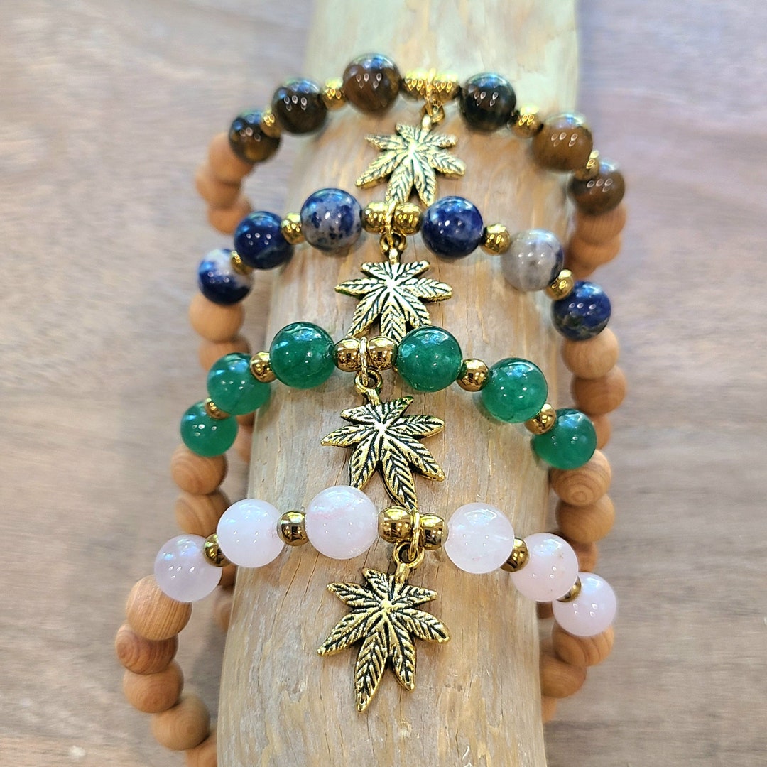 Cannabis Leaf Gemstone Bracelets, Beaded Weed Leaf Bracelet, Natural ...