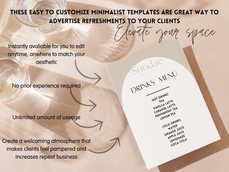 Minimalist Printable A5 Drink Menu Canva Templates for Beauticians ...