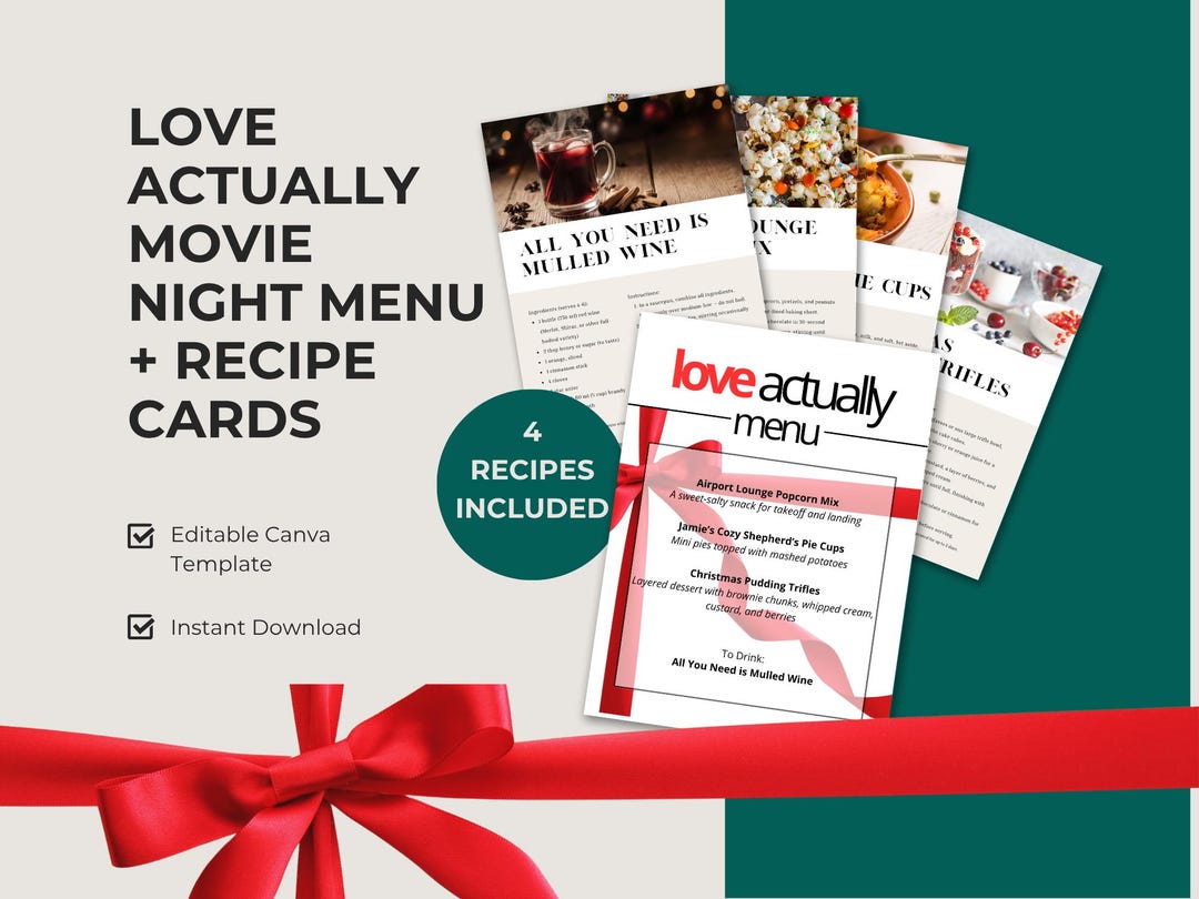 Love Actually Movie Night Menu + Recipe Cards | Editable Canva Template ...