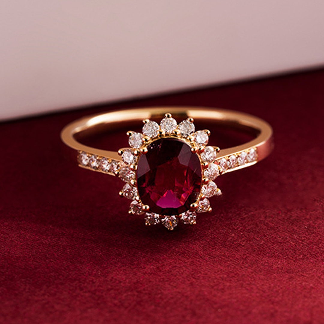 18K Solid Gold Ruby Ring, Ruby Art Deco Ring, Ruby Red CZ Ring, Vintage ...