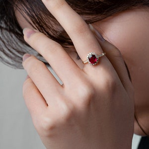 18K Solid Gold Ruby Ring, Ruby Art Deco Ring, Ruby Red CZ Ring, Vintage Style Stacking Ring ...