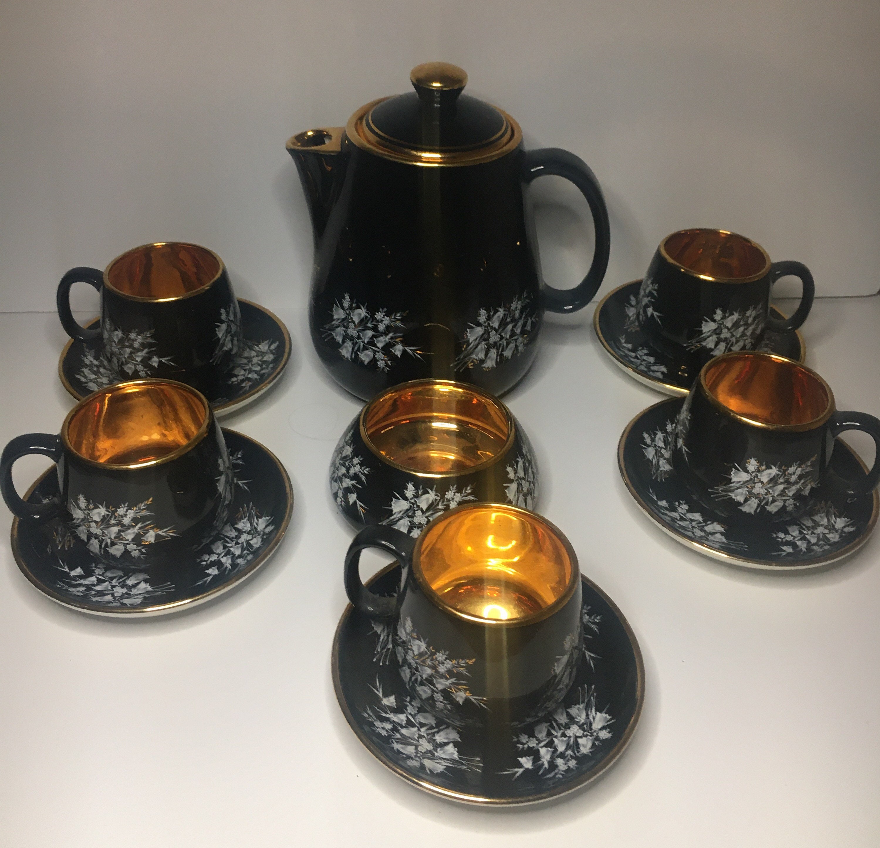 Vintage Prinknash Pottery Coffee Set. Black and Gild Enamel With Floral ...