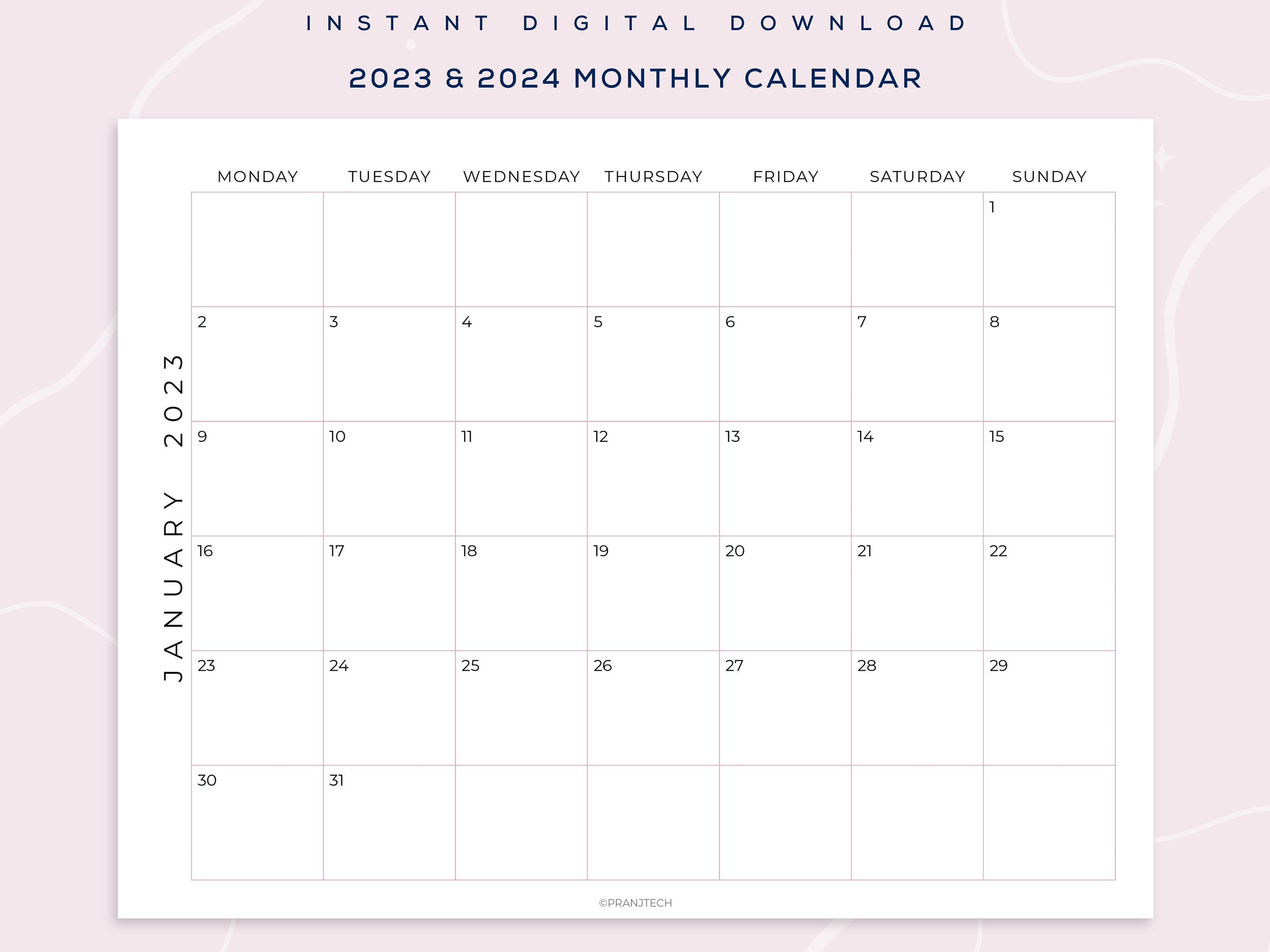 2023 2024 Monthly Calendar Landscape, Year Planner, Printable Calendar ...