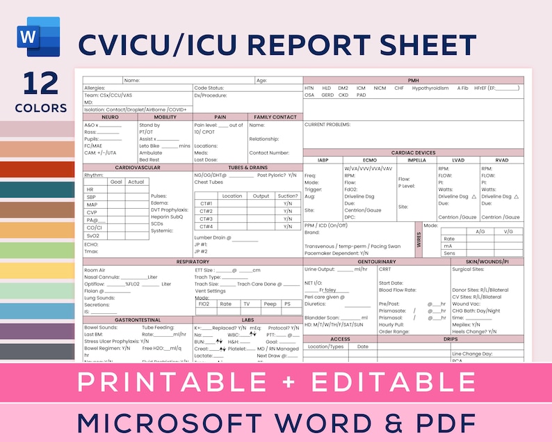 ICU Nurse Report Sheet for CVICU, Nurse Brain Sheet, Critical Care ...
