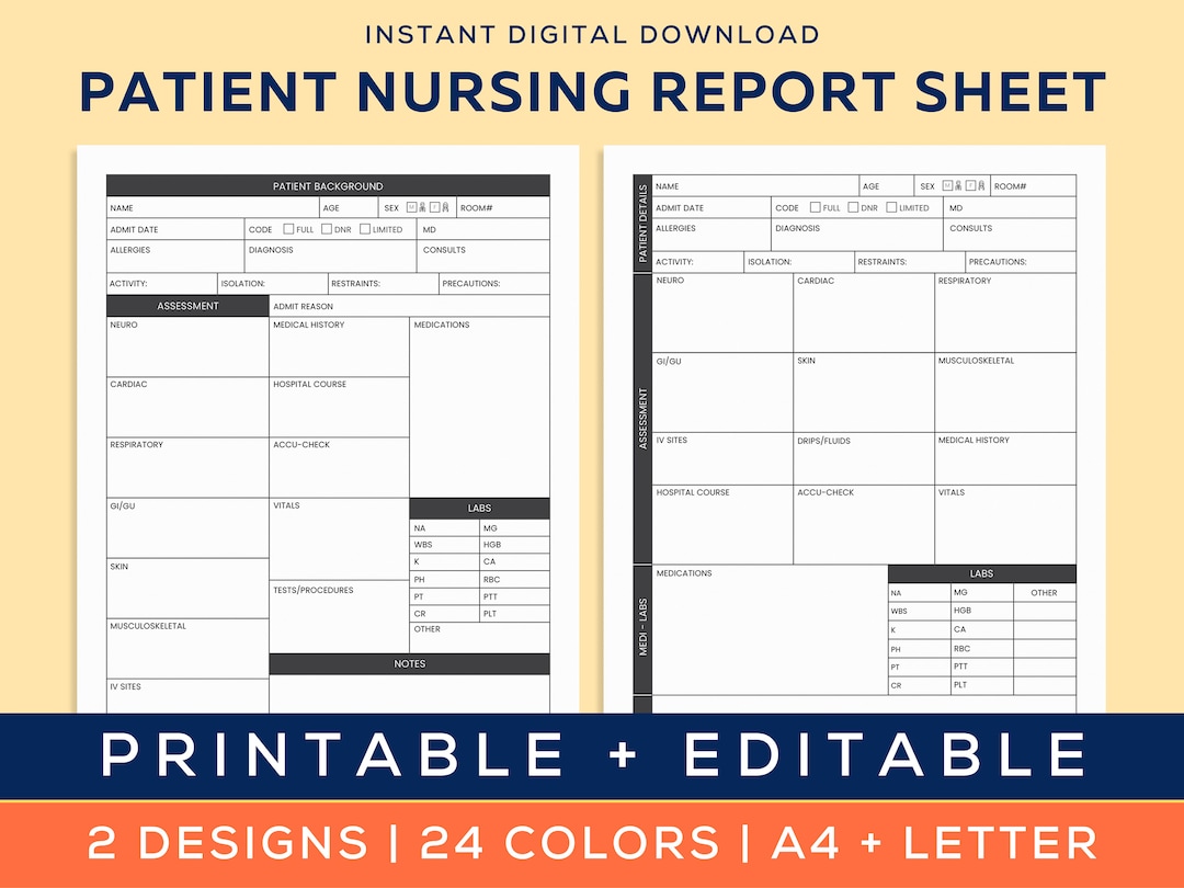 Printable Patient Nursing Report Sheet Template | Medical-surgical ...