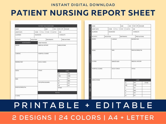 Printable Patient Nursing Report Sheet Template | Etsy