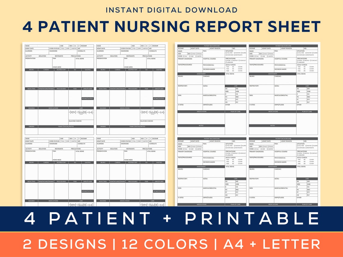 Printable 4 Patient Nursing Report Sheet Template Four Patient Med Surg ...