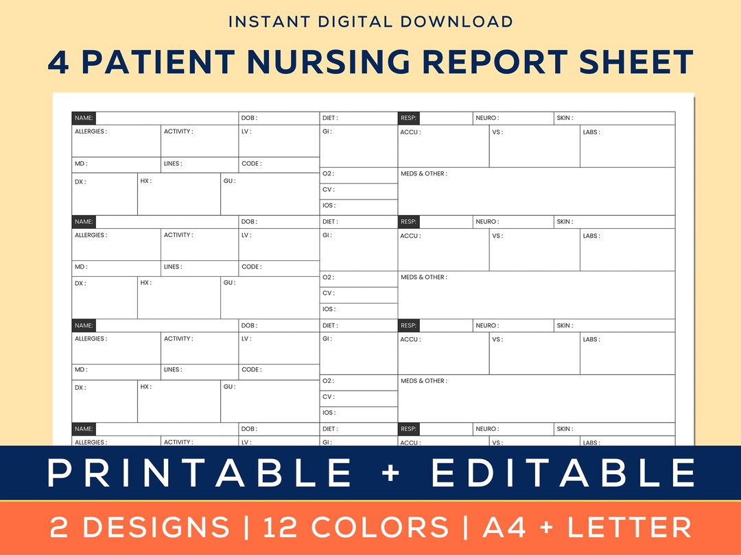 Four Patient Nurse Report Sheet Template, Nurse Brain Great for Med ...
