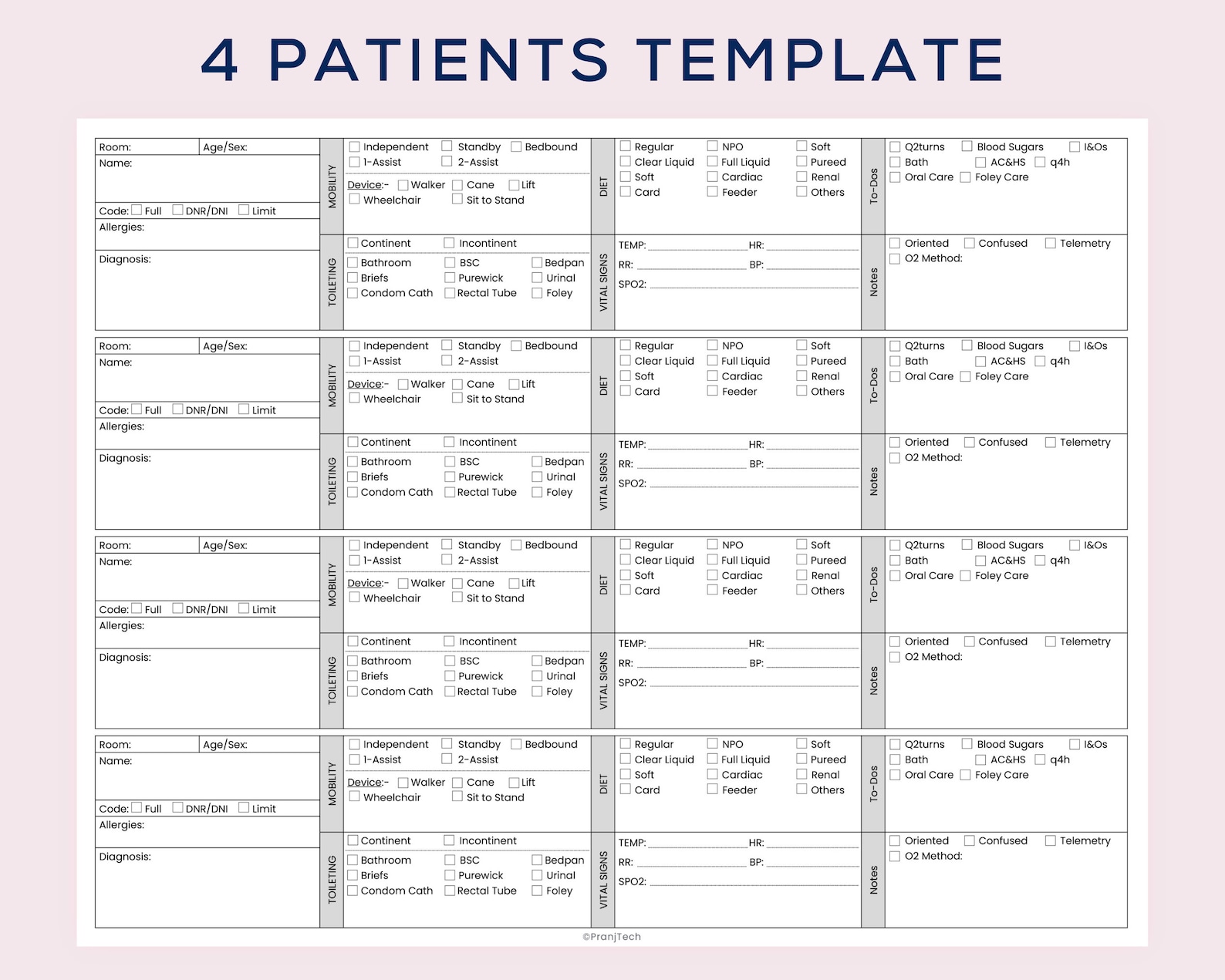 CNA Shift Report Sheet for 4 Patients Checkbox Version, Certified ...