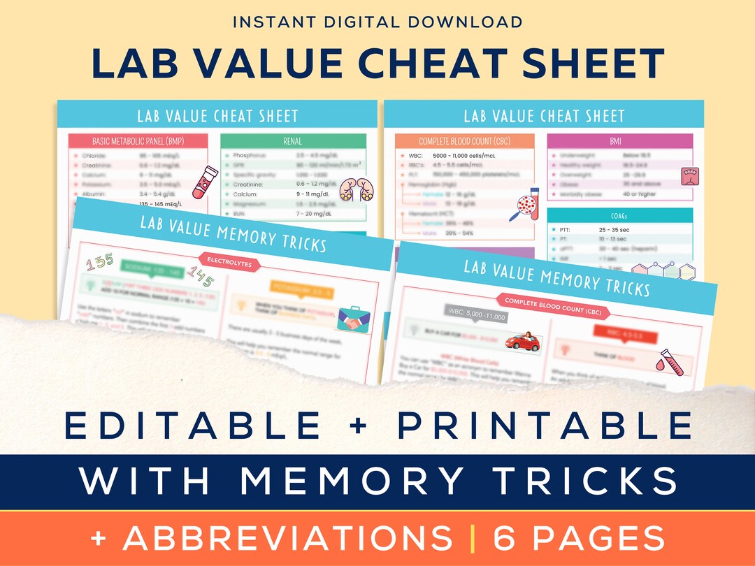 Nursing Lab Value Cheat Sheet, Memory Tricks, Abbreviations, Study ...