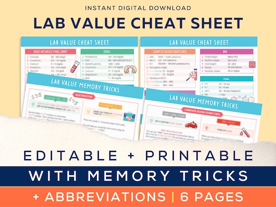 Nursing Lab Value Cheat Sheet Memory Tricks Abbreviations | Etsy
