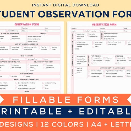Printable Observation Form Student Observations School - Etsy