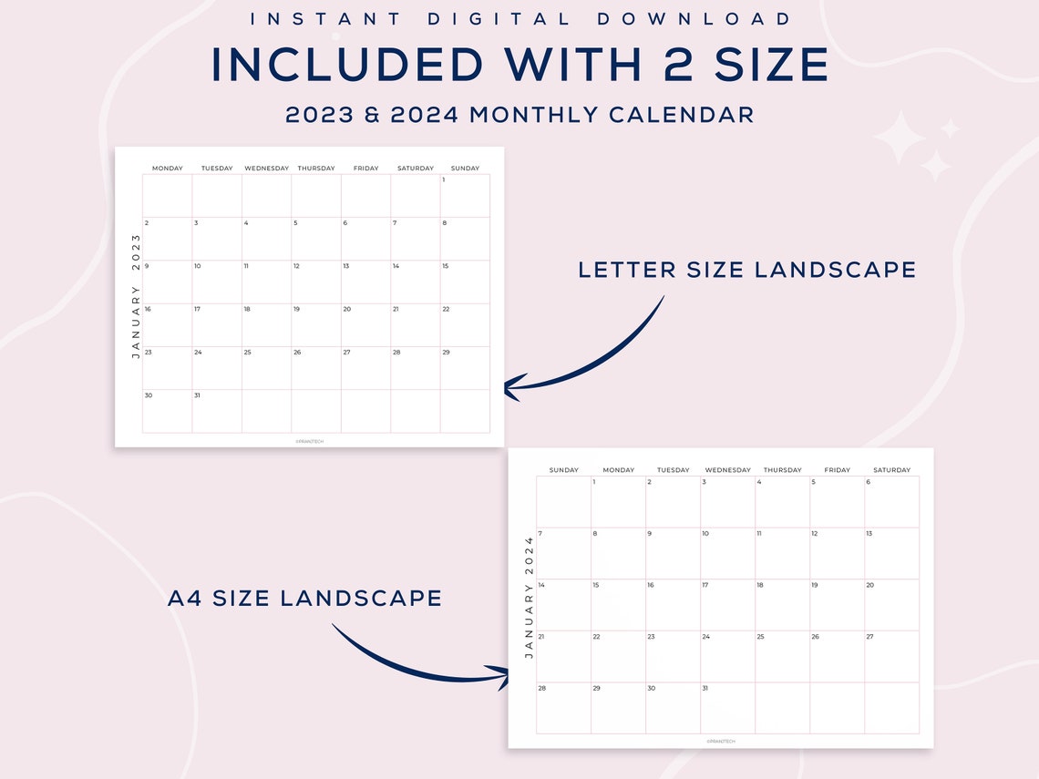 2023 2024 Monthly Calendar Landscape, Year Planner, Printable Calendar ...