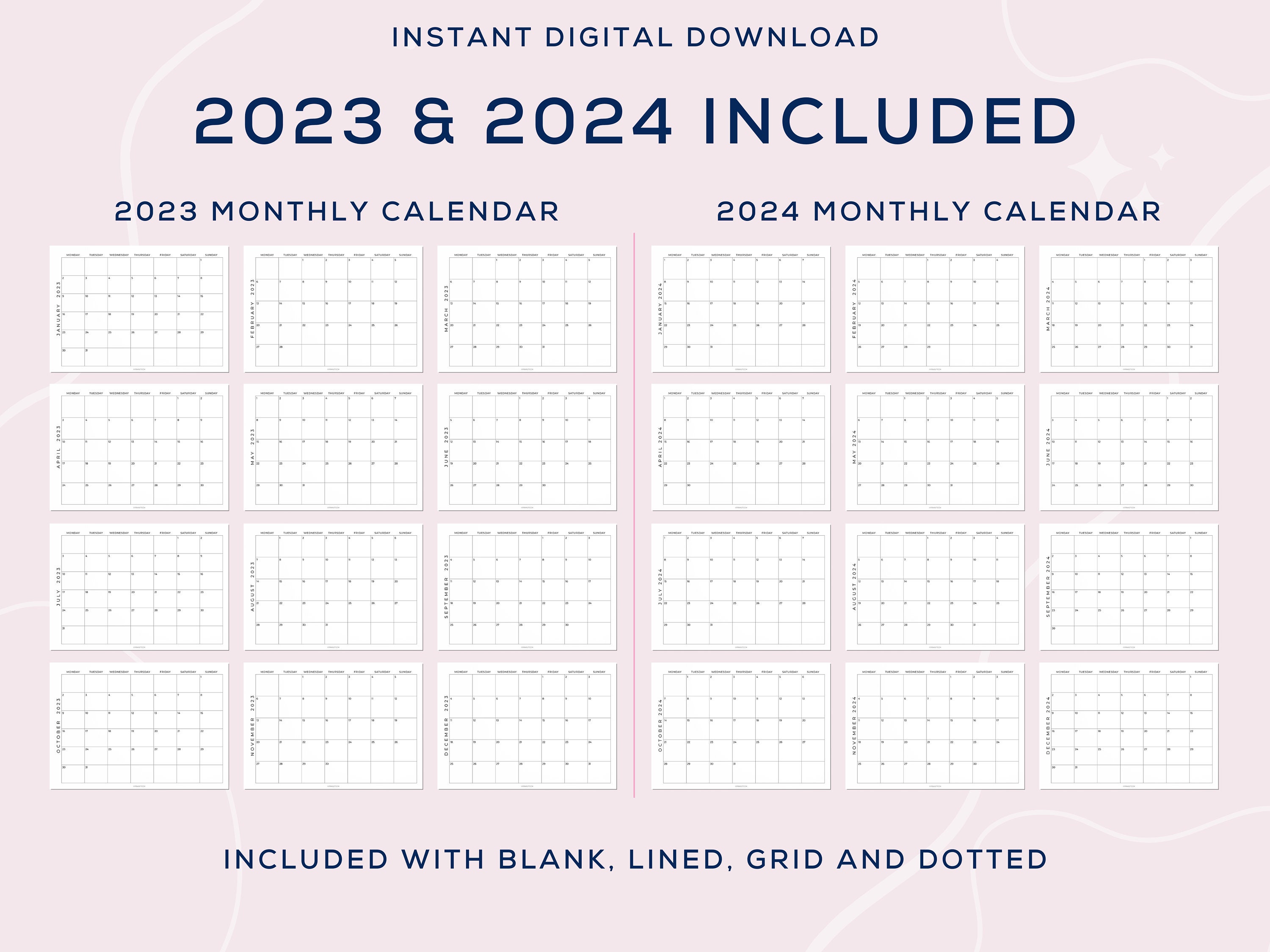 2023 2024 Monthly Calendar Landscape, Minimalist Calendar, Blank, Lined ...