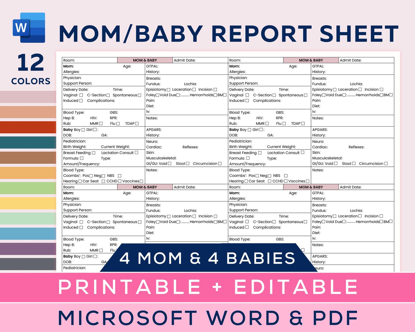 Mom & Baby Nurse Brain Report Sheet, 4 Mom and 4 Babies, OB Report ...