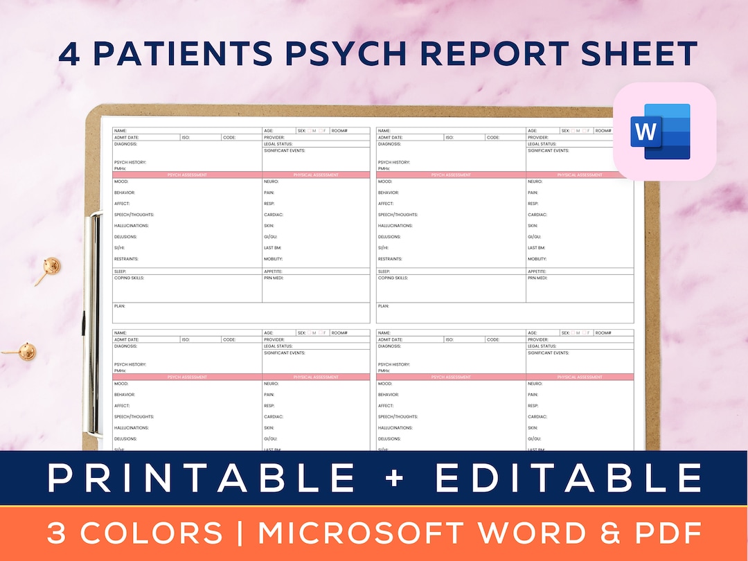 Psych Nurse Report Sheet for 4 Patients, Psych Nurse Brain, Nursing ...