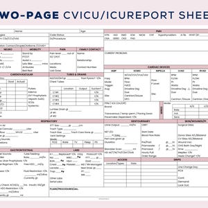 ICU Nurse Report Sheet for CVICU, Nurse Brain Sheet, Critical Care ...