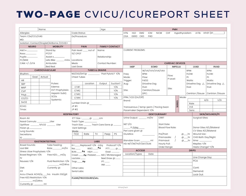 ICU Nurse Report Sheet for CVICU, Nurse Brain Sheet, Critical Care ...