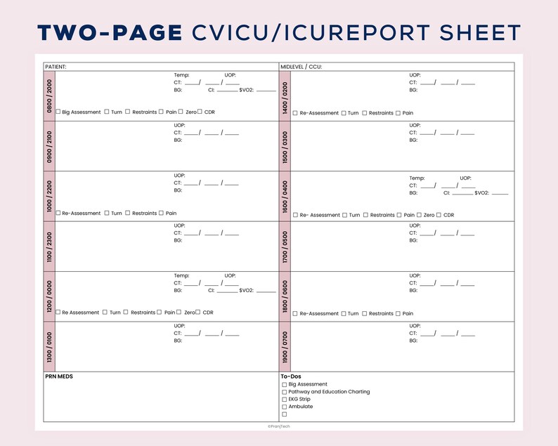 ICU Nurse Report Sheet for CVICU, Nurse Brain Sheet, Critical Care ...