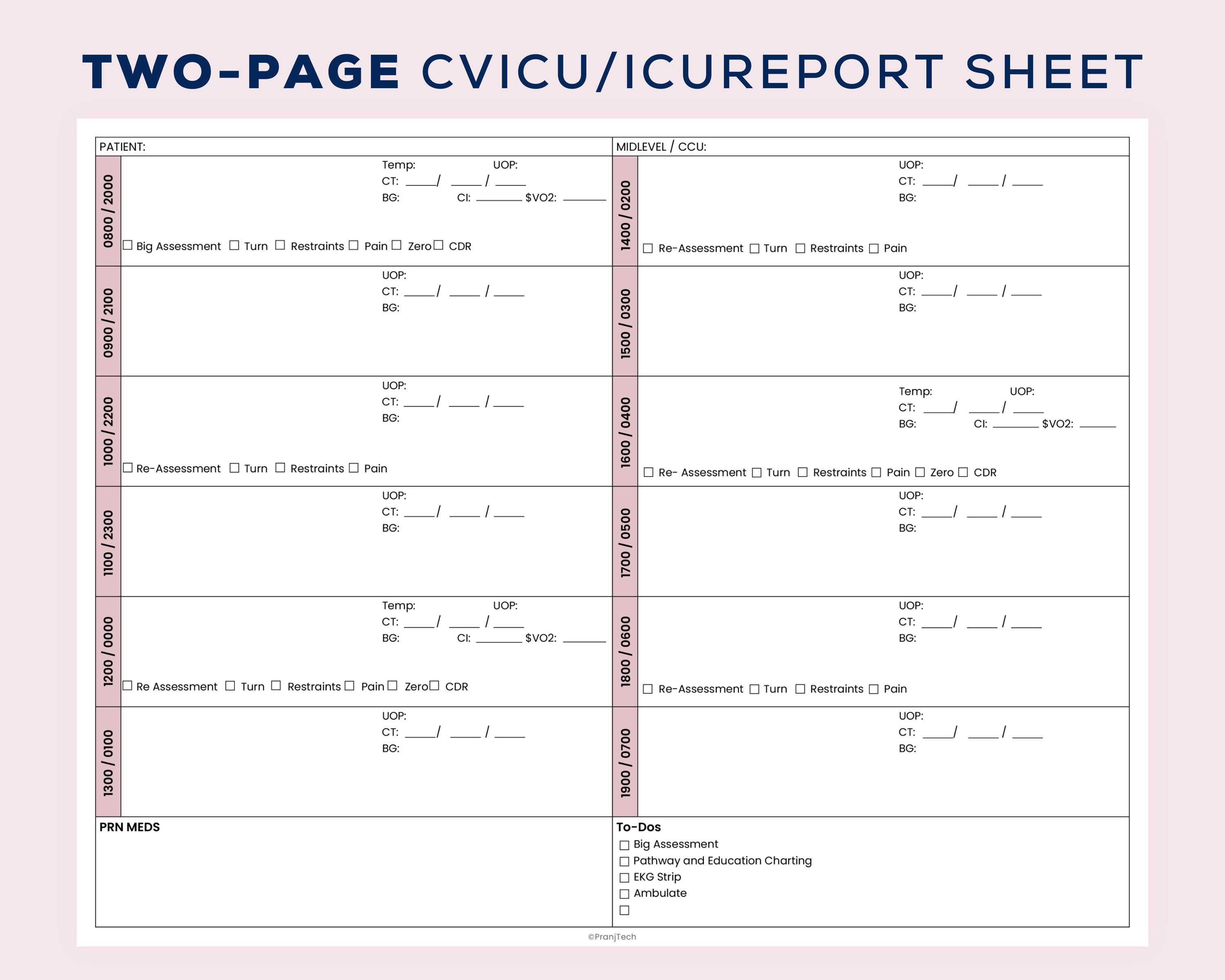 ICU Nurse Report Sheet for CVICU, Nurse Brain Sheet, Critical Care ...