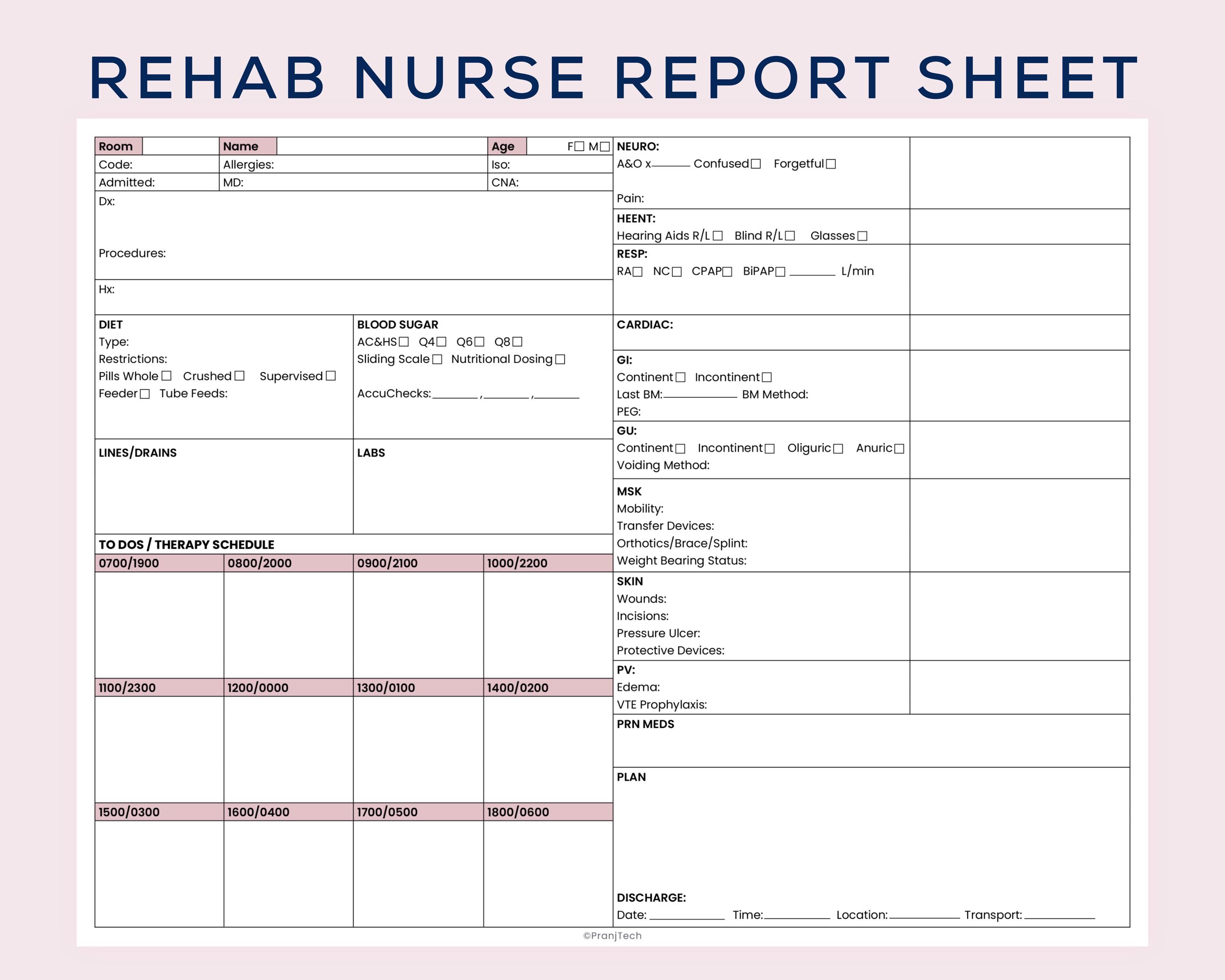 Inpatient Rehab Nurse Report Sheet, Rehab/med Surge Report Sheet ...