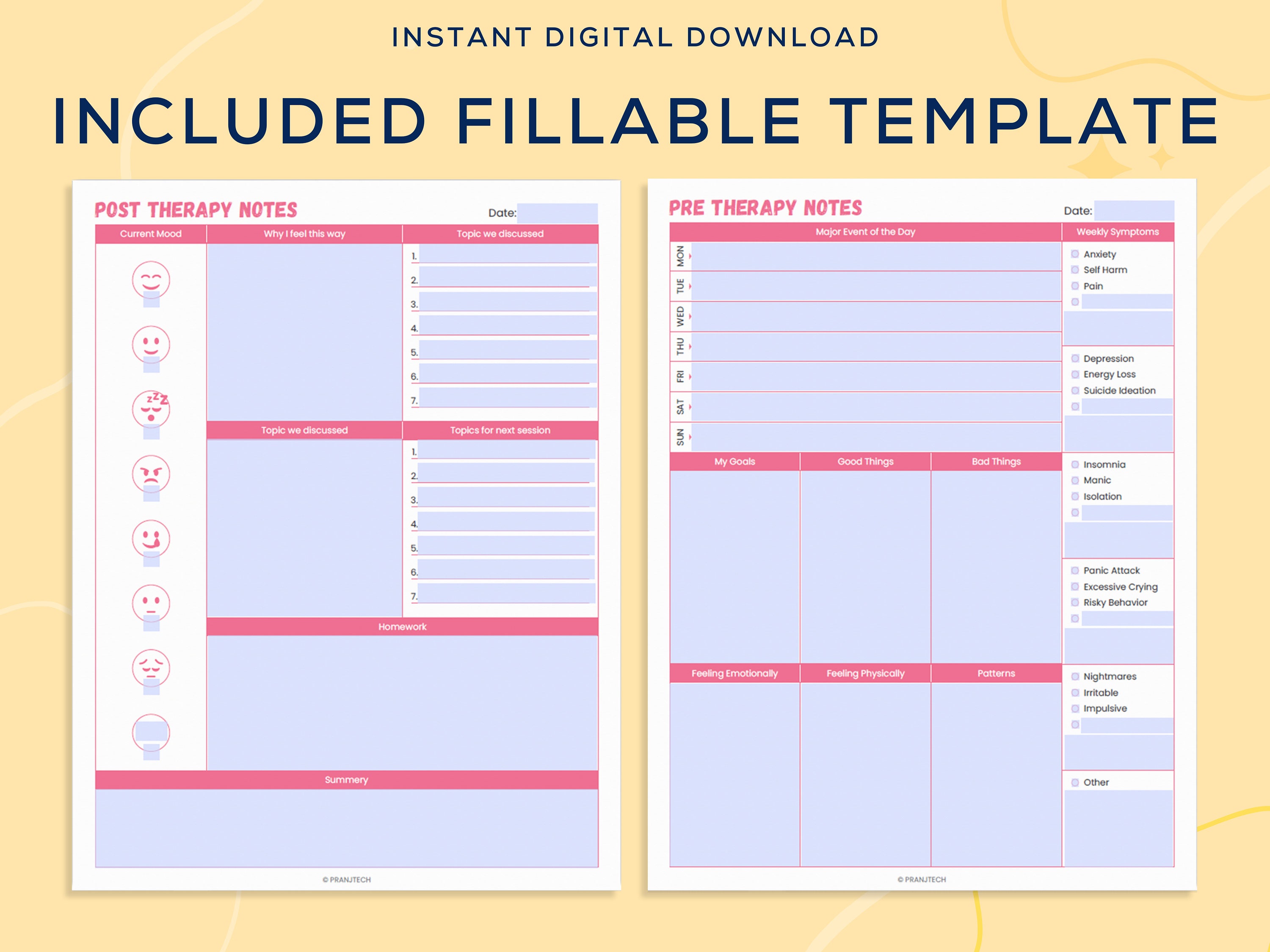 Pre Therapy & Post Therapy Notes, Fillable, Digital, Editable Template ...