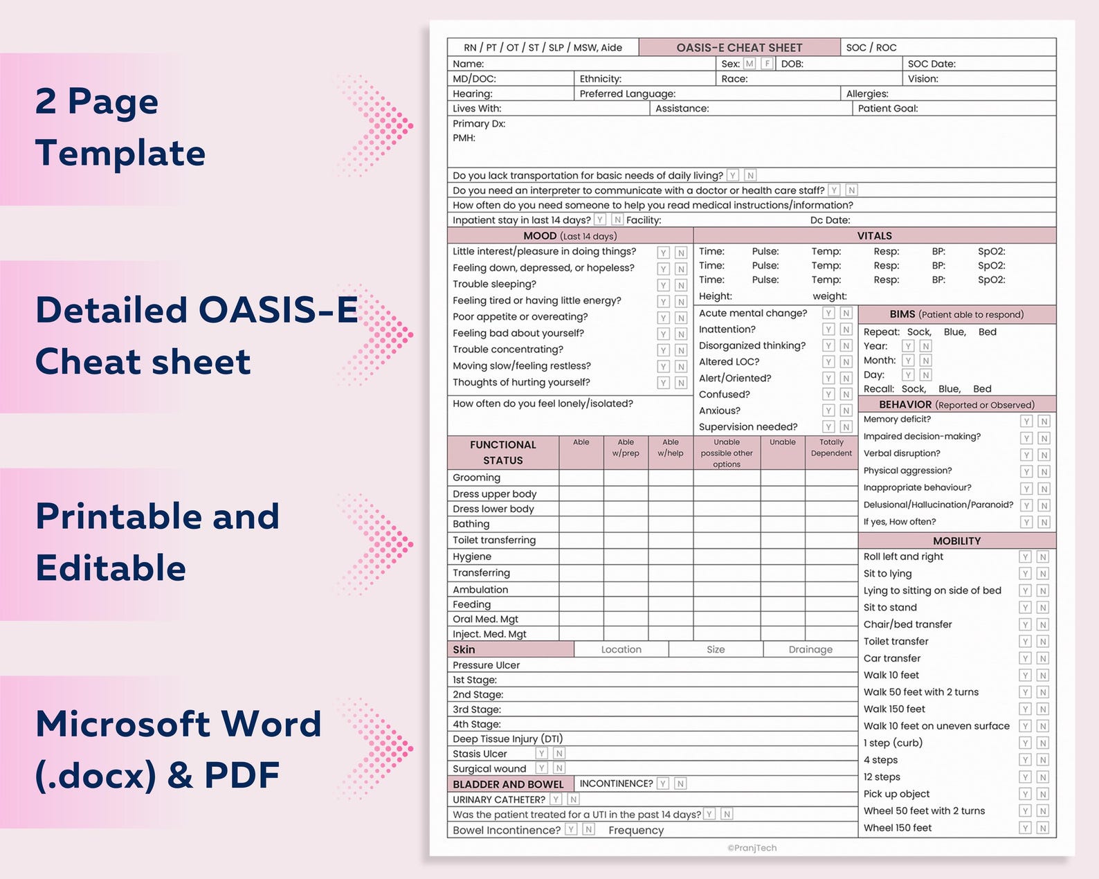 OASIS-E Cheat Sheet for Home Health Nurses, Start of Care Template ...