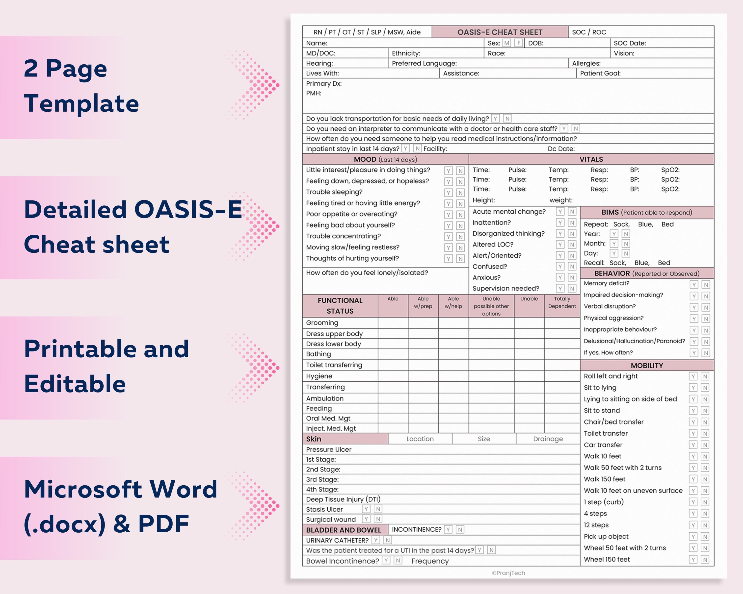 OASIS-E Cheat Sheet for Home Health Nurses, Start of Care Template ...