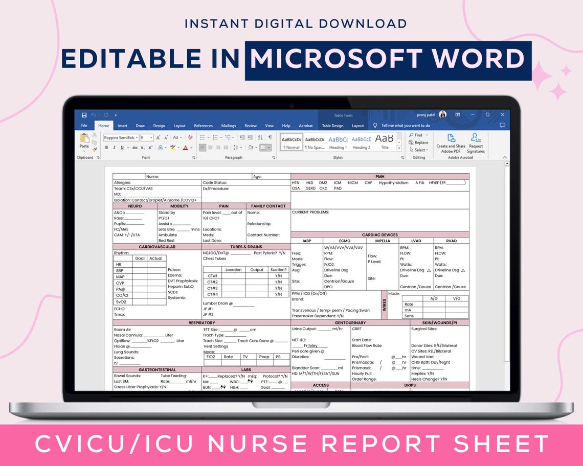 ICU Nurse Report Sheet for CVICU, Nurse Brain Sheet, Critical Care ...