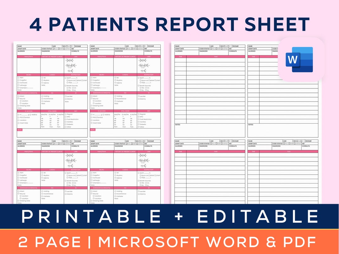 Best Four Patient Nursing Report Sheet for Step Down Units, Med-surg ...
